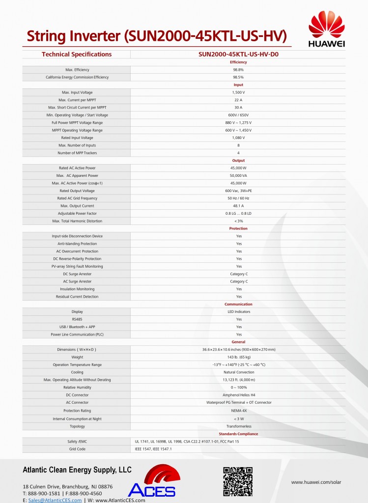 HUAWEI 45KW 1500V System String Inverter – ACES – Atlantic Clean Energy ...